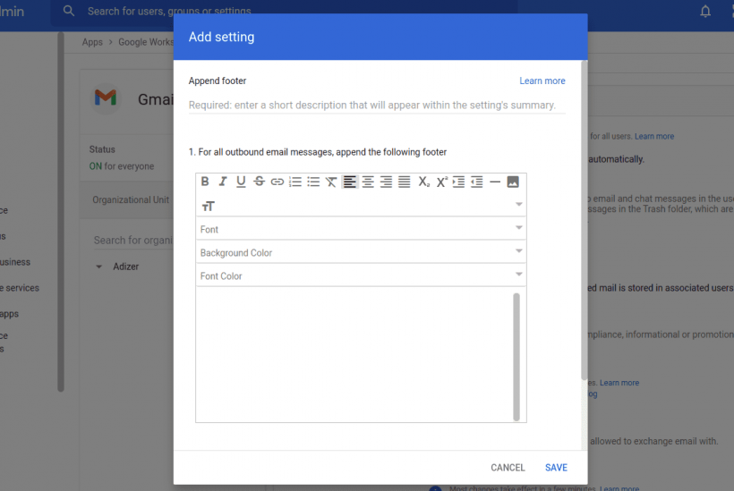 Adicionando mensagem de rodapé para usuários do Gmail no Workspace
